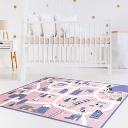 Vinylteppich - Dorf - Ab aufs Land - Illustration violett Fahrzeuge Vinylmatte Fahrzeuge Kinderzimmer