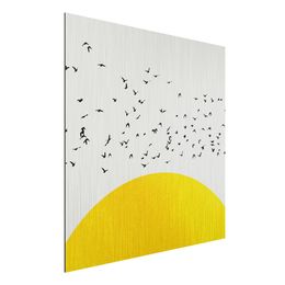 Bilderwelten Alu-Dibond Outdoor Bild Vogelschwarm vor gelber Sonne