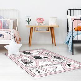Vinylteppich - Skandinavien - Die rosane Stadt - Illustration schwarz Fahrzeuge Vinylmatte Fahrzeuge Kinderzimmer