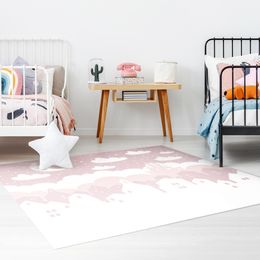 Vinylteppich - Sternenhimmel mit H&auml;usern und Mond in rosa - Illustration rosa Stadt Vinylmatte Skylines Kinderzimmer