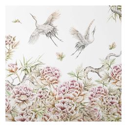 Bilderwelten Alu-Dibond Outdoor Bild Aquarell St&ouml;rche im Flug mit Rosen