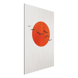 Bilderwelten Alu Dibond Outdoor Bild Natur rot modern Aquarell - Vogelschwarm vor roter Sonne I - Sonnenuntergang Wohnzimmer Schlafzimmer