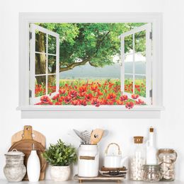 3D Wandtattoo Offenes Fenster Sommerwiese mit Blumenkasten Fenster Wandsticker 3D-Optik Wandaufkleber Fenster Ausblick in S-XXL 3D-Effekt
