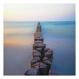 Bilderwelten Alu-Dibond Outdoor Bild Buhnen bei Sonnenuntergang am Meer