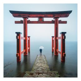 Bilderwelten Alu-Dibond Outdoor Bild Rotes Torii am Ashi-See