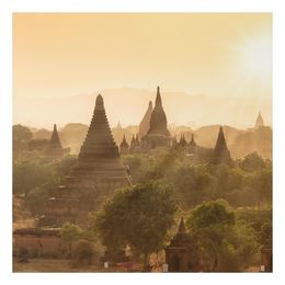 Bilderwelten Alu Dibond Outdoor Bild Natur orange Motiv wetterfest - Sonnenuntergang &uuml;ber Bagan - Asia Wohnzimmer Schlafzimmer