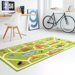 Vinylteppich - Bauernhof - Der gro&szlig;e Rundweg - Illustration bunt Tiere Vinylmatte Bauernhof Kinderzimmer