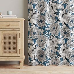Bilderwelten Vorhang Pfingstrosen und Meisen in Wei&szlig; und Blau - blickdichte Gardine Blumen Floral Illustration Muster Tiere Wohnzimmer Schlafzimmer K&uuml;che Bad