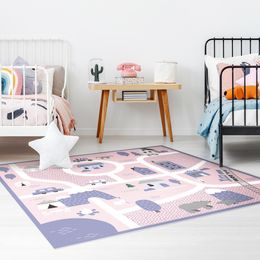 Bilderwelten Vinylteppich Illustration violett Fahrzeuge Vinylmatte - Dorf - Ab aufs Land - Fahrzeuge Kinderzimmer