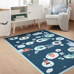 Vinylteppich - Antarktis - Eisb&auml;r Rudi m&ouml;chte Fisch - Illustration blau Tiere Vinylmatte Deko Kinderzimmer