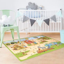 Vinylteppich - Bauernhof - Landarbeit macht Spa&szlig; - Illustration bunt Tiere Vinylmatte Bauernhof Kinderzimmer