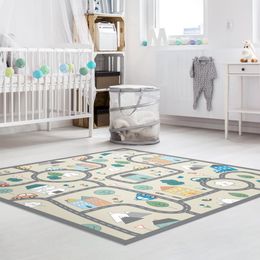 Vinylteppich - Verkehrsstadt - Mit dem Auto unterwegs - Illustration bunt Fahrzeuge Vinylmatte Fahrzeuge Kinderzimmer