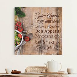 Bilderwelten Leinwandbild Guten Appetit - Wandbild bis XXL Print Kulinarisch Shabby Spr&uuml;che Holzoptik K&uuml;che Esszimmer
