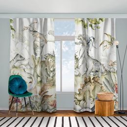 Vorhang Welt der Dinosaurier - blickdichte Gardine Aquarell Kinder Kunstdruck Tiere Kinderzimmer Baby Babyzimmer Jungen Jungenzimmer Gr&uuml;n