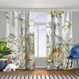Bilderwelten Vorhang Welt der Dinosaurier - blickdichte Gardine Aquarell Kinder Kunstdruck Tiere Kinderzimmer Baby Babyzimmer Jungen Jungenzimmer Gr&uuml;n