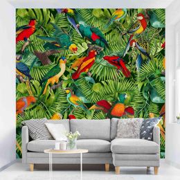 Bilderwelten Fototapete Tiere Bunte Collage - Papageien im Dschungel V&ouml;gel Palmenbl&auml;tter Bl&auml;tter Tapete Wohnzimmer Kinderzimmer Bildtapete Wandtapete nach Ma&szlig;