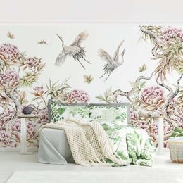 Bilderwelten Fototapete Tiere Aquarell St&ouml;rche im Flug mit Rosen V&ouml;gel Natur Blumen Bl&uuml;ten Wohnzimmer Wandtapete nach Ma&szlig; selbstklebende Vliestapete