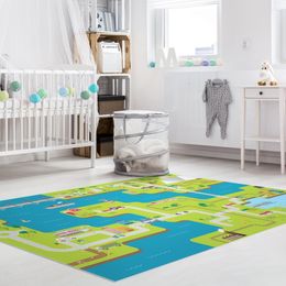 Vinylteppich - Stra&szlig;en - Stadt Land Fluss - Illustration bunt Fahrzeuge Vinylmatte Fahrzeuge Kinderzimmer
