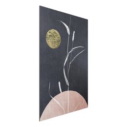 Bilderwelten Alu Dibond Outdoor Bild blau Tropisch wetterfest - Goldener Mond mit Schilf - Gr&auml;ser Wohnzimmer Schlafzimmer
