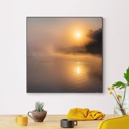 Bilderwelten Wechselbild Sonnenaufgang am See mit Rehen im Nebel