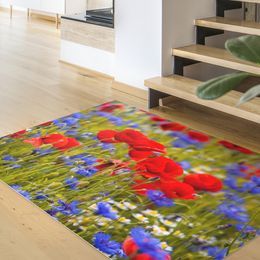 Bilderwelten Vinylteppich Motiv rot Blumen Vinylmatte - Sommerwiese mit Mohn und Kornblumen - Mohn K&uuml;che Badezimmer Flur