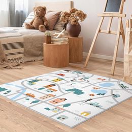 Bilderwelten Vinylteppich Illustration bunt Fahrzeuge Vinylmatte - Kleinstadt - Entdecke fremde Ecken - Fahrzeuge Kinderzimmer