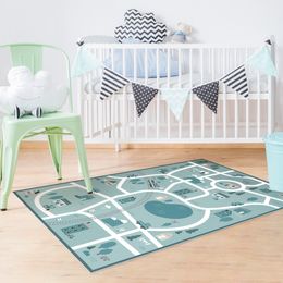 Vinylteppich - Dorf - Klein aber fein - Illustration blau Fahrzeuge Vinylmatte Fahrzeuge Kinderzimmer