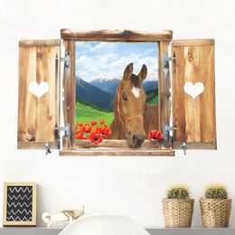 3D Wandtattoo Fenster mit Herz und Pferd Alpenwiese Fenster Wandsticker 3D-Optik Wandaufkleber Fenster Ausblick in S-XXL 3D-Effekt