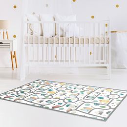 Vinylteppich - Verkehrsstadt - Mit dem Auto unterwegs - Illustration bunt Fahrzeuge Vinylmatte Fahrzeuge Kinderzimmer