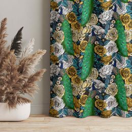 Bilderwelten Vorhang Pfau mit Bl&uuml;ten - blickdichte Gardine Blumen Floral Botanik Tropical Illustration Muster Tiere Wohnzimmer Schlafzimmer K&uuml;che Bad Badezimmer