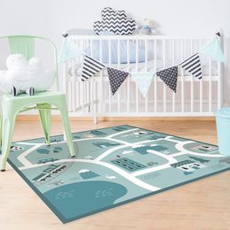 Vinylteppich - Dorf - Klein aber fein - Illustration blau Fahrzeuge Vinylmatte Fahrzeuge Kinderzimmer