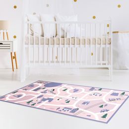 Bilderwelten Vinylteppich Illustration violett Fahrzeuge Vinylmatte - Dorf - Ab aufs Land - Fahrzeuge Kinderzimmer