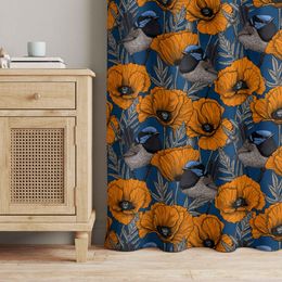 Bilderwelten Vorhang Mohnblumen und V&ouml;gel - blickdichte Gardine Blumen Floral Illustration Muster Tiere Wohnzimmer Schlafzimmer K&uuml;che Bad Badezimmer Blau