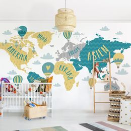 Bilderwelten Fototapete Weltkarte modern Wandtapete petrol - Weltkarte mit Hei&szlig;luftballon - Karten Kinderzimmer Baby M&auml;dchen Jungen