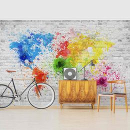 Bilderwelten Fototapete Weltkarte modern 3D-Effekt bunt - Wei&szlig;e Backsteinwand Weltkarte - Karten Wohnzimmer Schlafzimmer