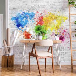 Bilderwelten Tapete - Fototapete Wei&szlig;e Backstein Steinwand - Steintapete - Mauer Weltkarte - Schlafzimmer Wohnzimmer modern - auch selbstklebend