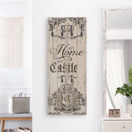 Bilderwelten Wandgarderobe beige Spr&uuml;che Vintage Holzoptik - My Home is my Castle - Retro Garderobenpaneel Flur