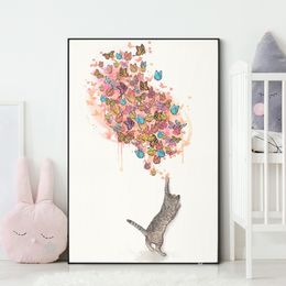 Bilderwelten Wechselbild Illustration Katze mit bunten Schmetterlingen Malerei