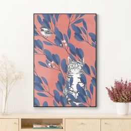Bilderwelten Wechselbild Illustration Katze und Vogel auf Ast Blau Rot