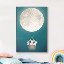 Bilderwelten Wechselbild Illustration Hasen Mond-Hei&szlig;luftballon Sternenhimmel