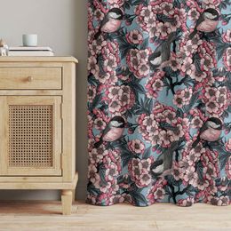 Bilderwelten Vorhang Kirschbl&uuml;ten und V&ouml;gel - blickdichte Gardine Blumen Floral Illustration Muster Tiere Wohnzimmer Schlafzimmer K&uuml;che Bad Badezimmer Blau