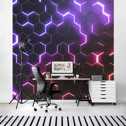 Fototapete Strukturierte Hexagone mit Neonlicht in Rosa und Lila