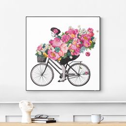 Bilderwelten Wechselbild Illustration Frau auf Fahrrad Collage bunte Blumen
