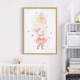 Bild mit Rahmen - Ballerina Hase mit Luftballons - Blumen rosa modern Aquarell Tanzen Kinderzimmer Baby M&auml;dchen Jungen