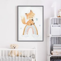 Bild mit Rahmen Fuchsbaby auf Regenbogen Blau