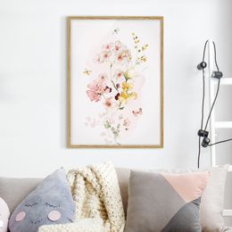 Bild mit Rahmen - Aquarell Blumenranke mit Schmetterlingen und Libelle - Blumen rosa modern Aquarell Schmetterlinge Kinderzimmer Baby M&auml;dchen Jungen