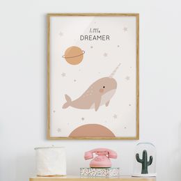 Bild mit Rahmen - Boho Narwal - Little dreamer - Tiere beige Illustration inkl. Rahmung Spr&uuml;che Kinderzimmer Baby M&auml;dchen Jungen