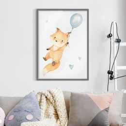 Bild mit Rahmen Fuchsbaby mit Luftballon Blau