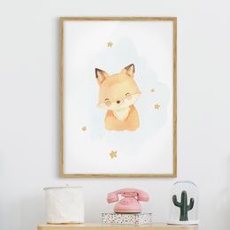 Bild mit Rahmen - Fuchsbaby mit Sternen Blau - Tiere orange modern Aquarell Himmel Kinderzimmer Baby M&auml;dchen Jungen