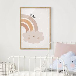 Bild mit Rahmen - Boho Regenbogen - Hello - Spr&uuml;che beige Illustration inkl. Rahmung Regenbogen Kinderzimmer Baby M&auml;dchen Jungen